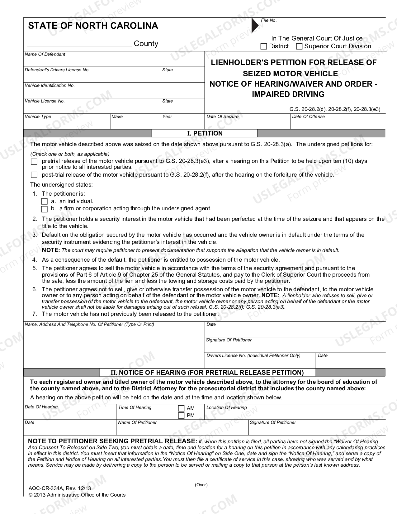 Charlotte North Carolina Lienholder's Petition for Release of Seized ...