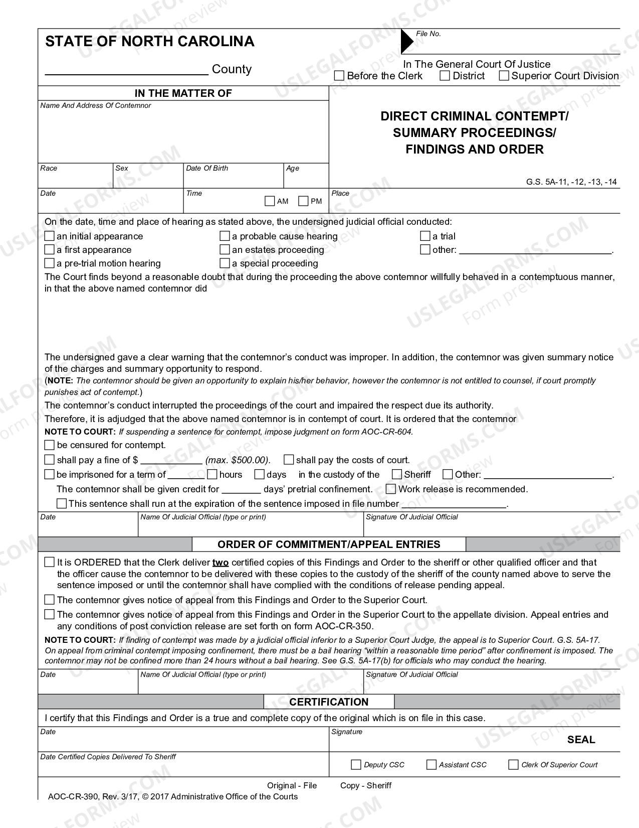 North Carolina Direct Criminal Contempt / Summary Proceedings ...