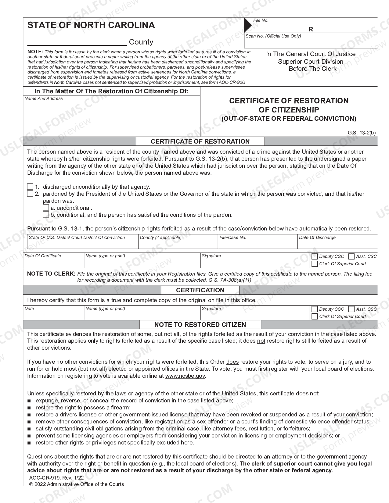 North Carolina Certificate of Restoration of Citizenship | US Legal Forms