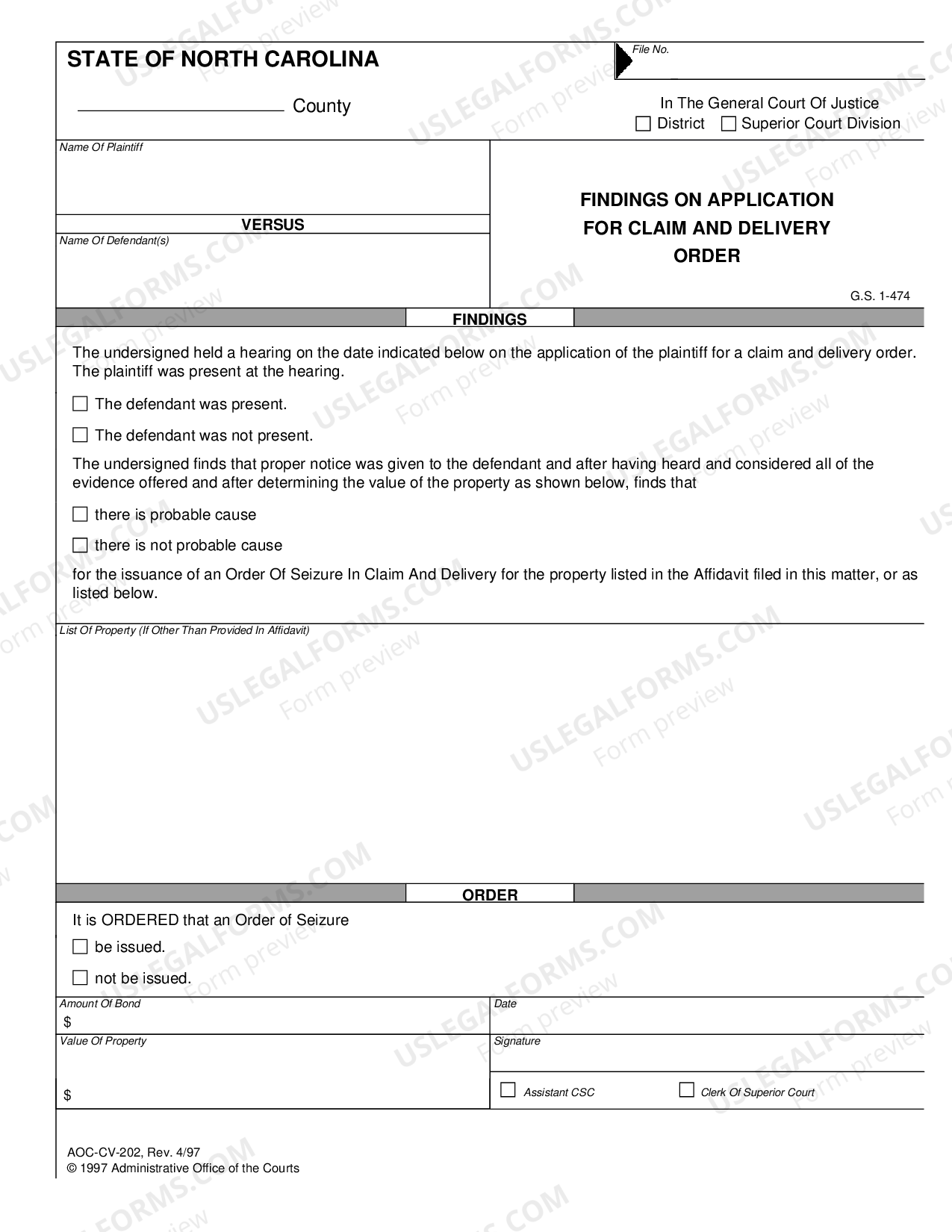 North Carolina Findings on Application for Claim and Delivery Order ...