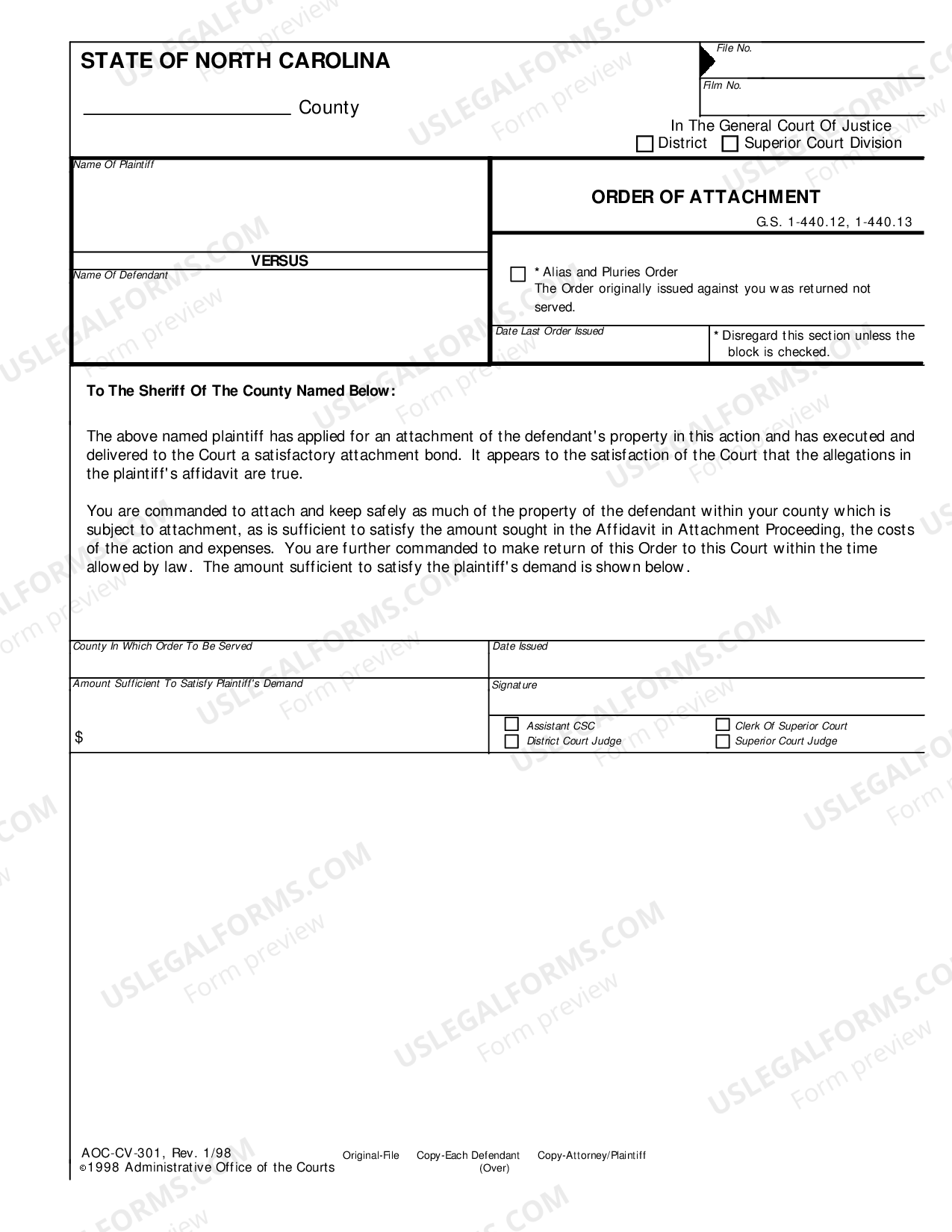 North Carolina Order of Attachment | US Legal Forms