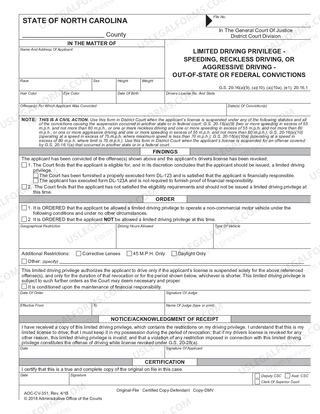 North Carolina Limited Driving Privilege - Speeding - Out-of-County ...