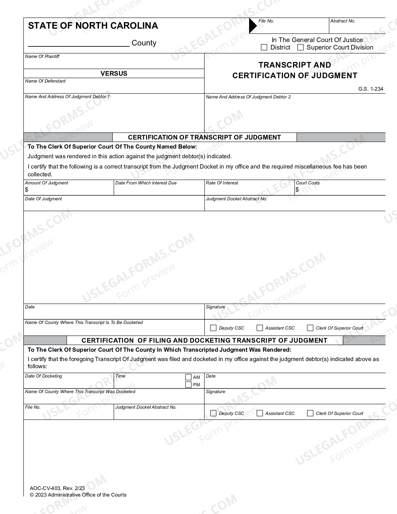 North Carolina Transcript And Certification Of Judgment | US Legal Forms