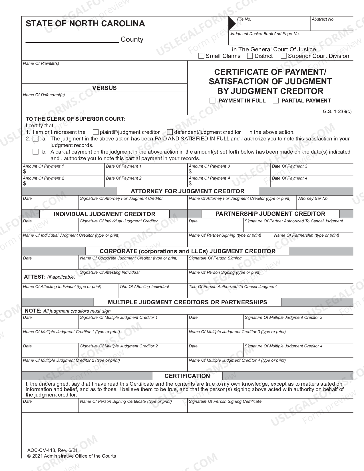 North Carolina Certificate Of Payment - Satisfaction Of Judgment By ...