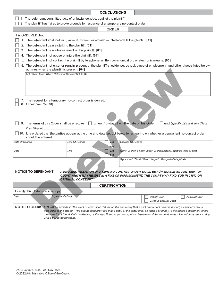 Fayetteville North Carolina Temporary No Contact Order For Stalking Or