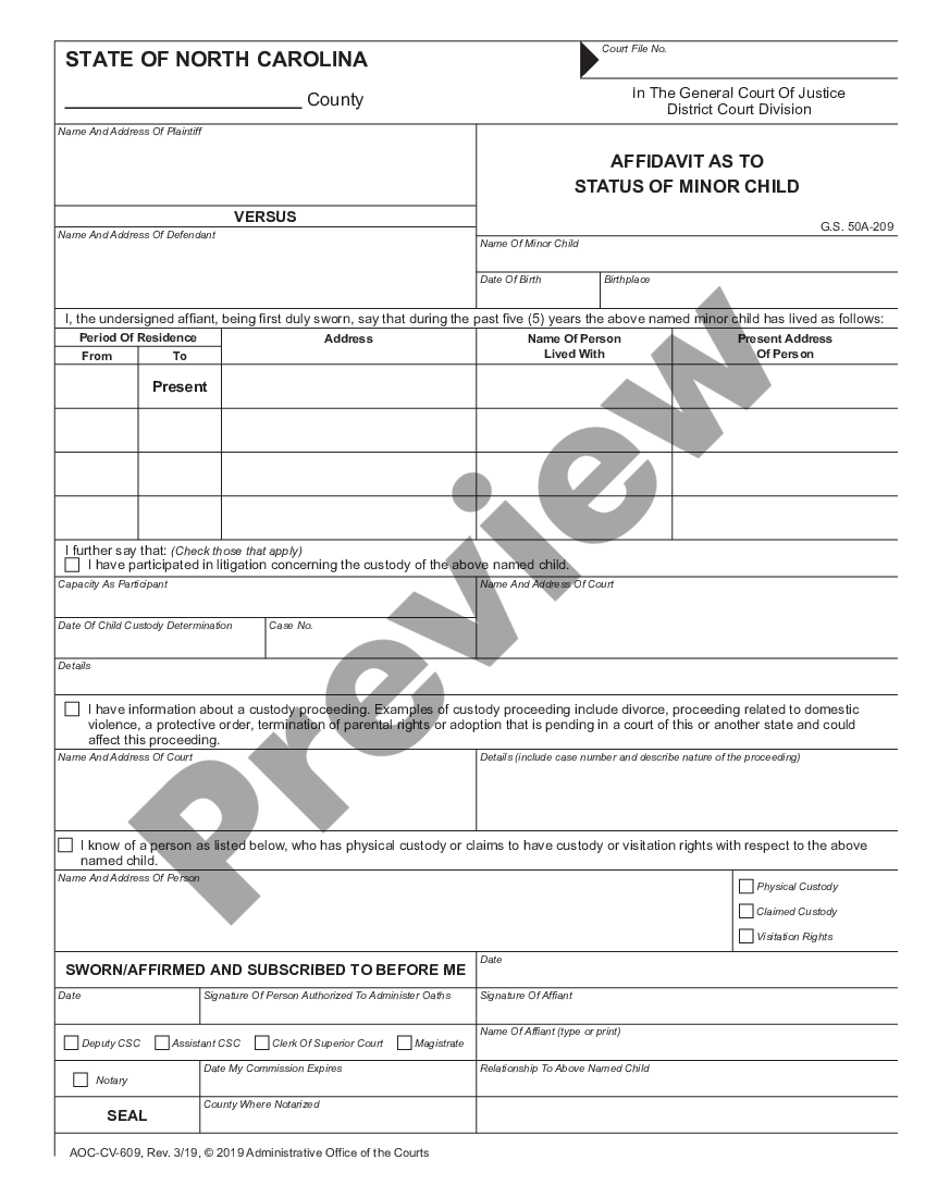 North Carolina Affidavit as to Status of Minor Child - Aoc Cv 609 | US ... North Carolina Affidavit as to Status of Minor Child - Aoc Cv 609 | US ...