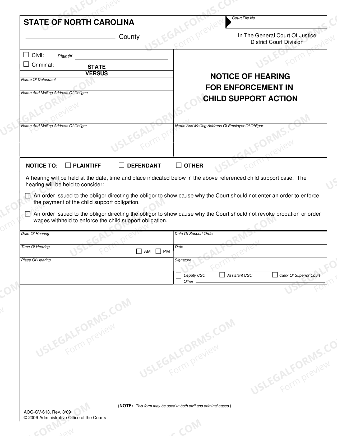 North Carolina Notice of Hearing in Child Support Action | US Legal Forms