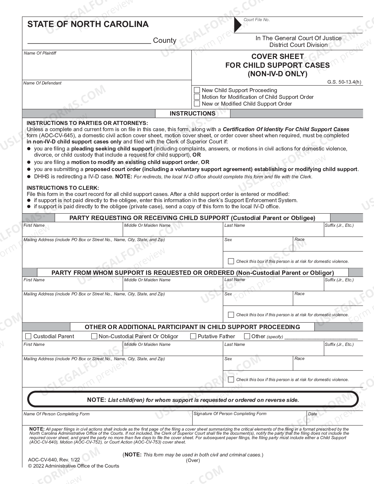 North Carolina Cover Sheet for Child Support Cases - Non-IV-D Only | US ...