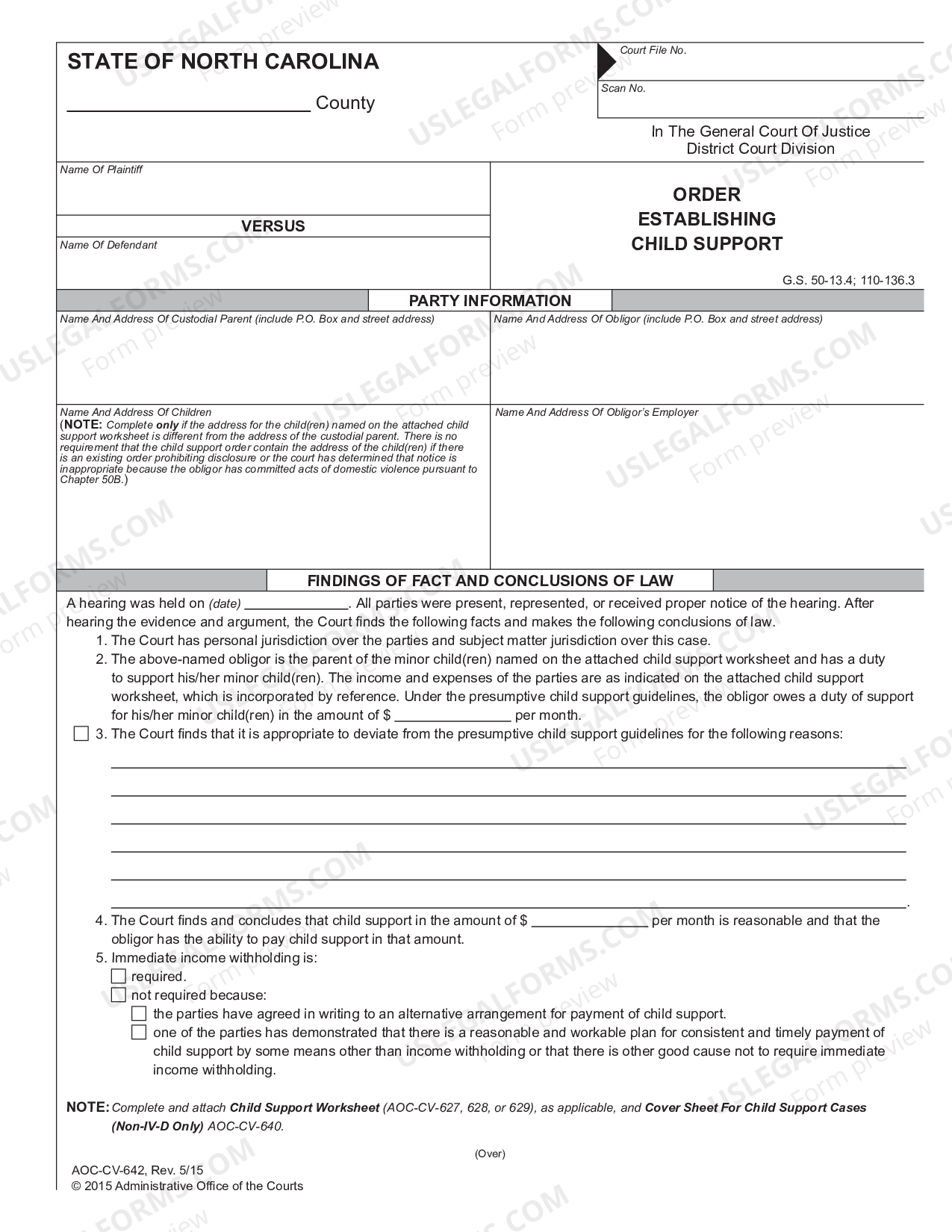 North Carolina Order Establishing Child Support - Child Support Per ...