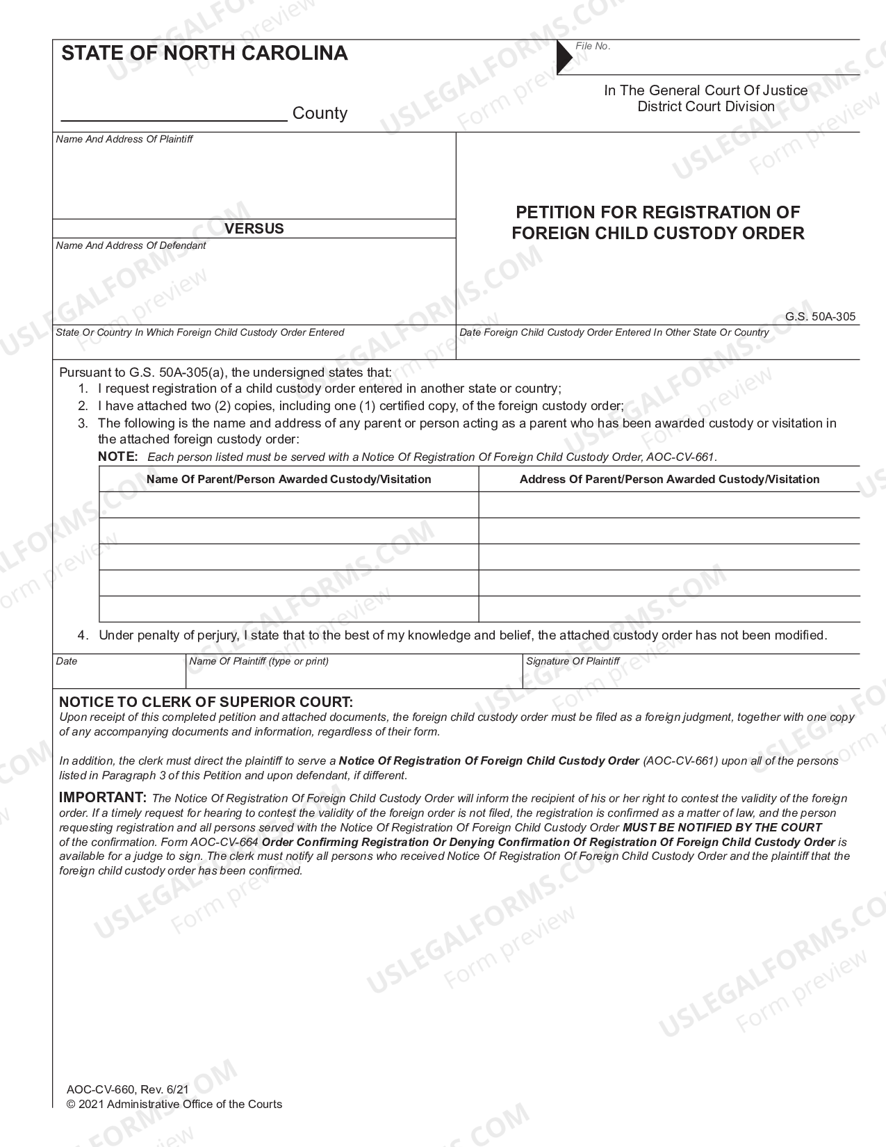 Petition For Registration Of Foreign Child Custody Order Form | US ...