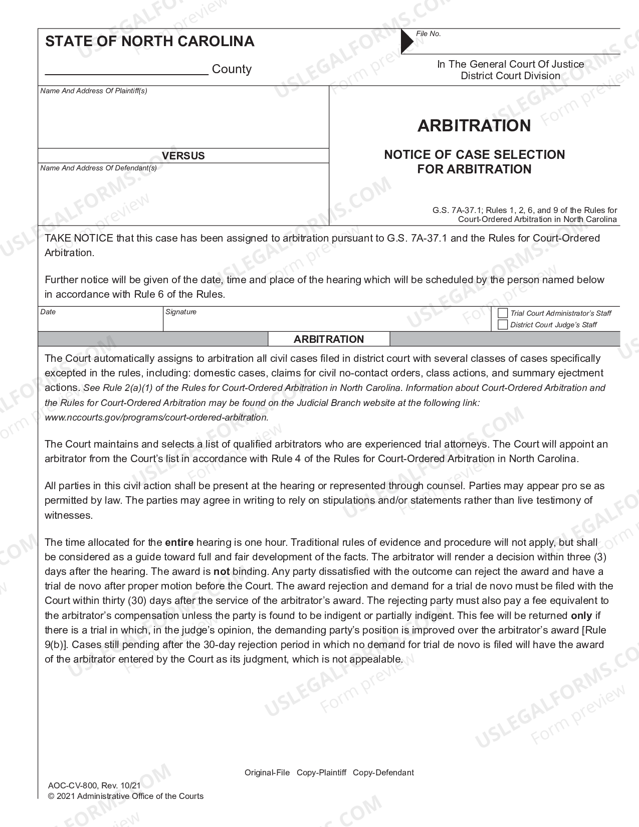 North Carolina Arbitration - Notice of Case Selection for Arbitration ...