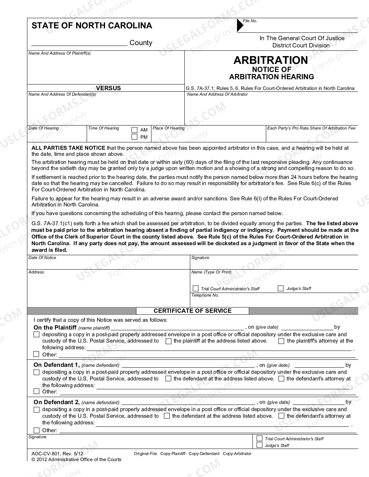 North Carolina Arbitration - Notice of Arbitration Hearing | US Legal Forms