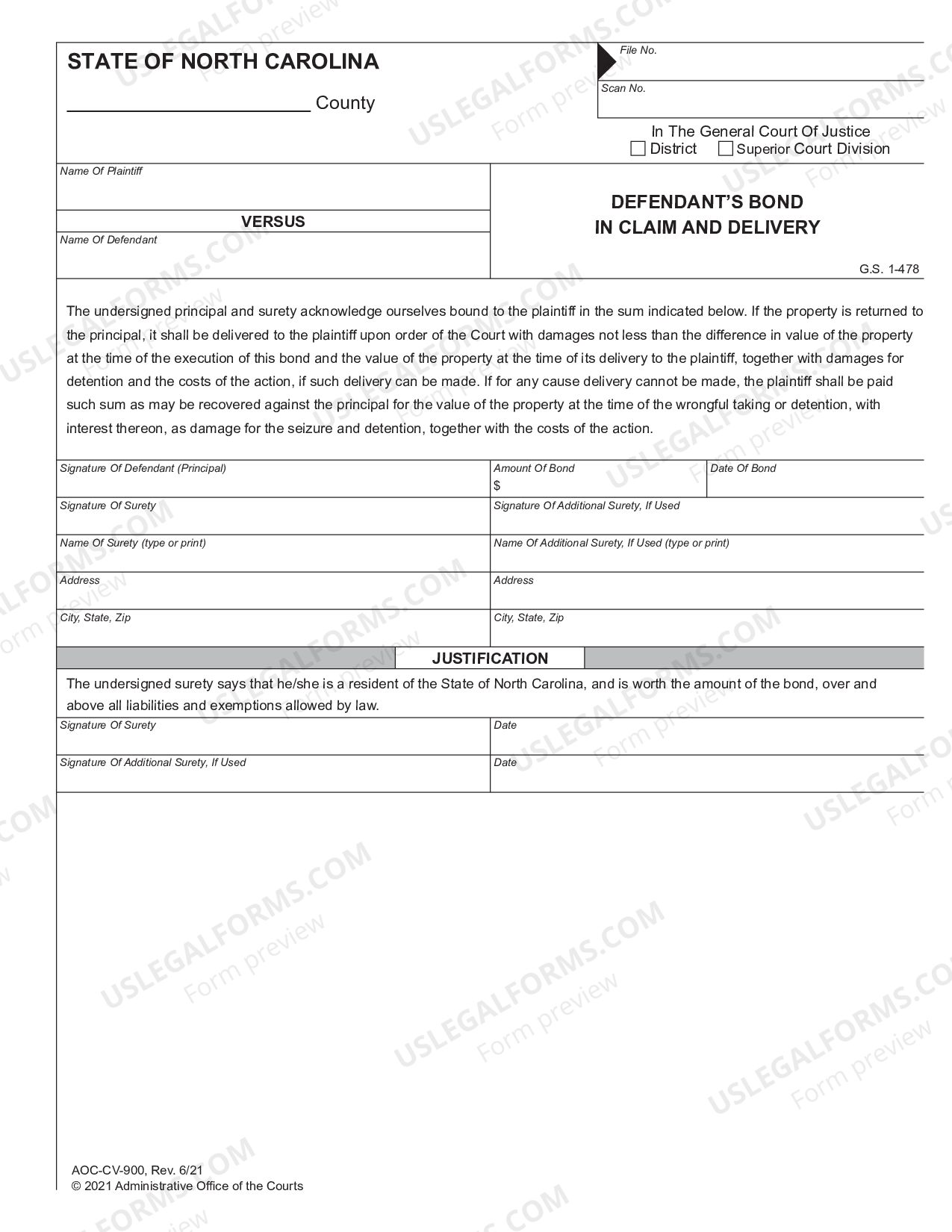 North Carolina Defendant's Bond in Claim and Delivery | US Legal Forms