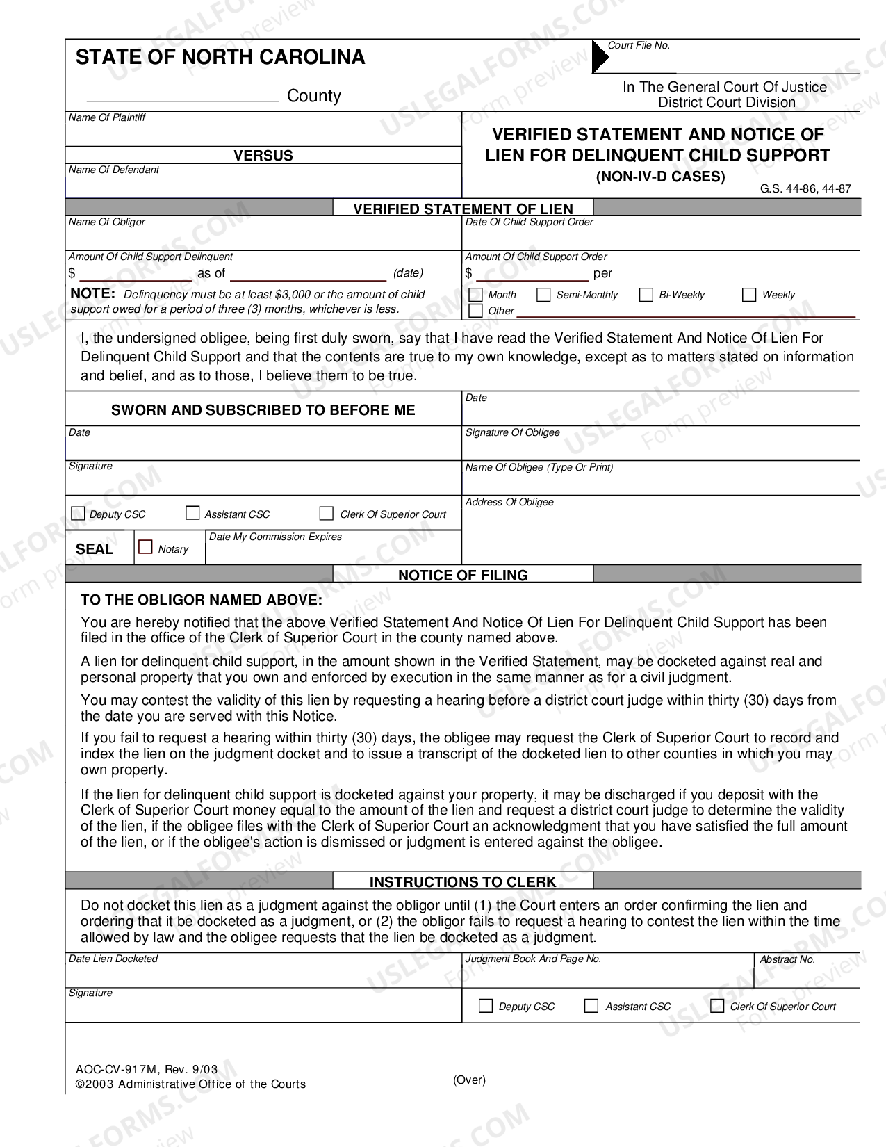 North Carolina Verified Statement and Notice of Lien for Delinquent ...