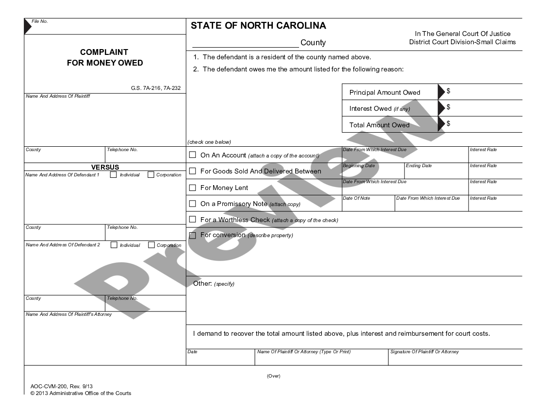 North Carolina Complaint For Money Owed Sample Complaint For Money
