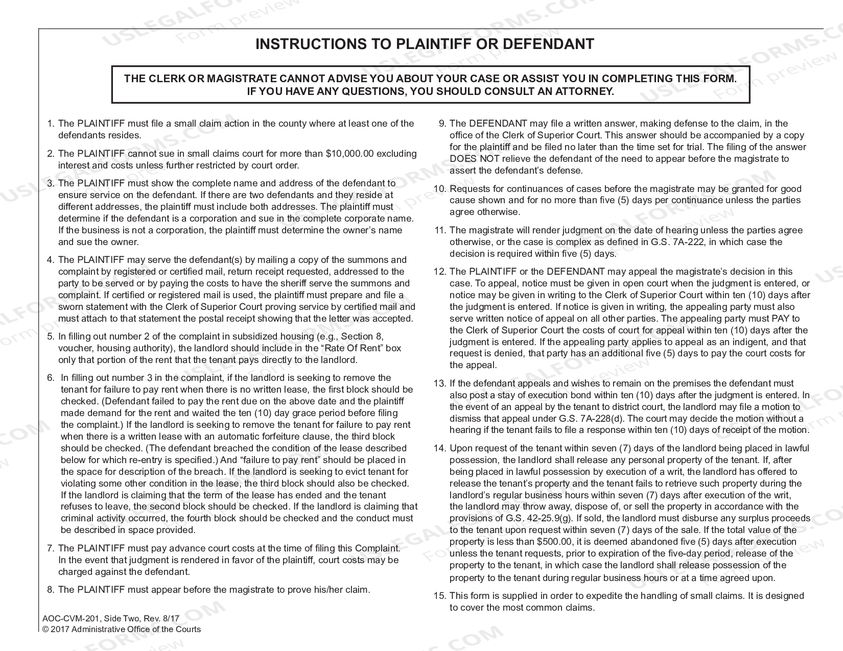 North Carolina Complaint in Summary Ejectment Eviction - Complaint In ...