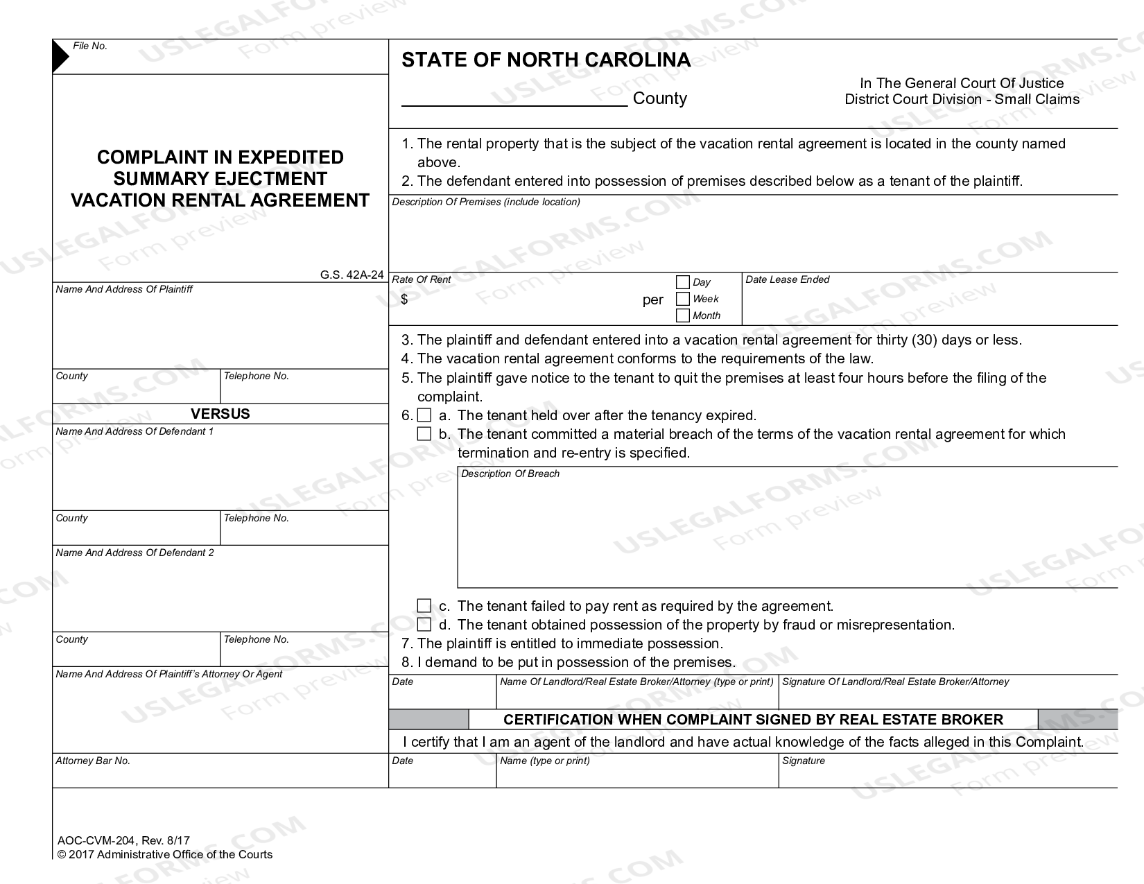North Carolina Complaint in Expedited Summary Ejectment Vacation Rental ...