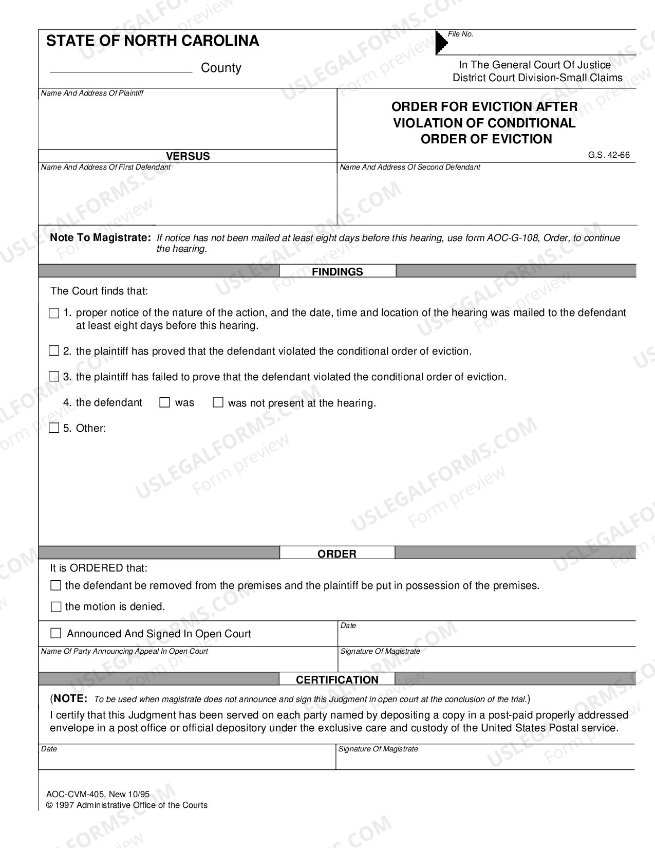 North Carolina Order for Eviction After Violation of Conditional Order ...
