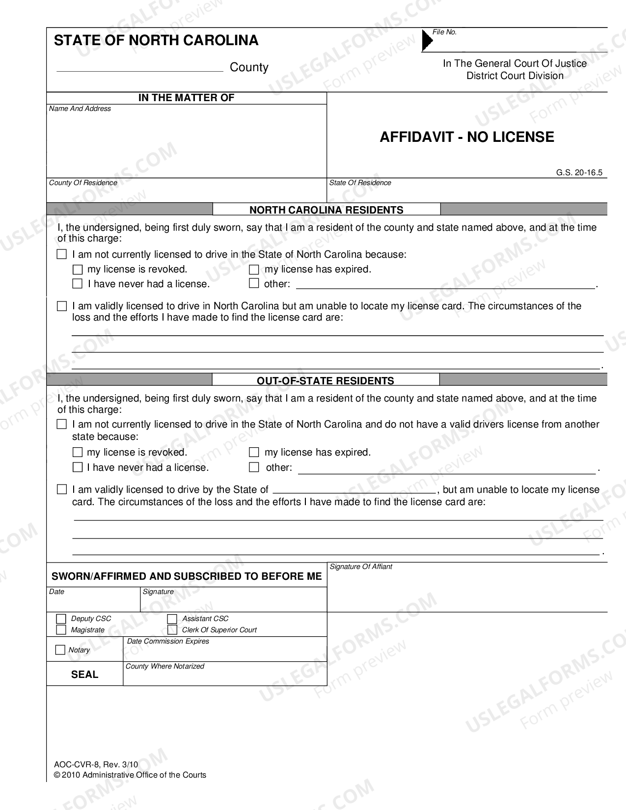North Carolina Affidavit - No License | US Legal Forms