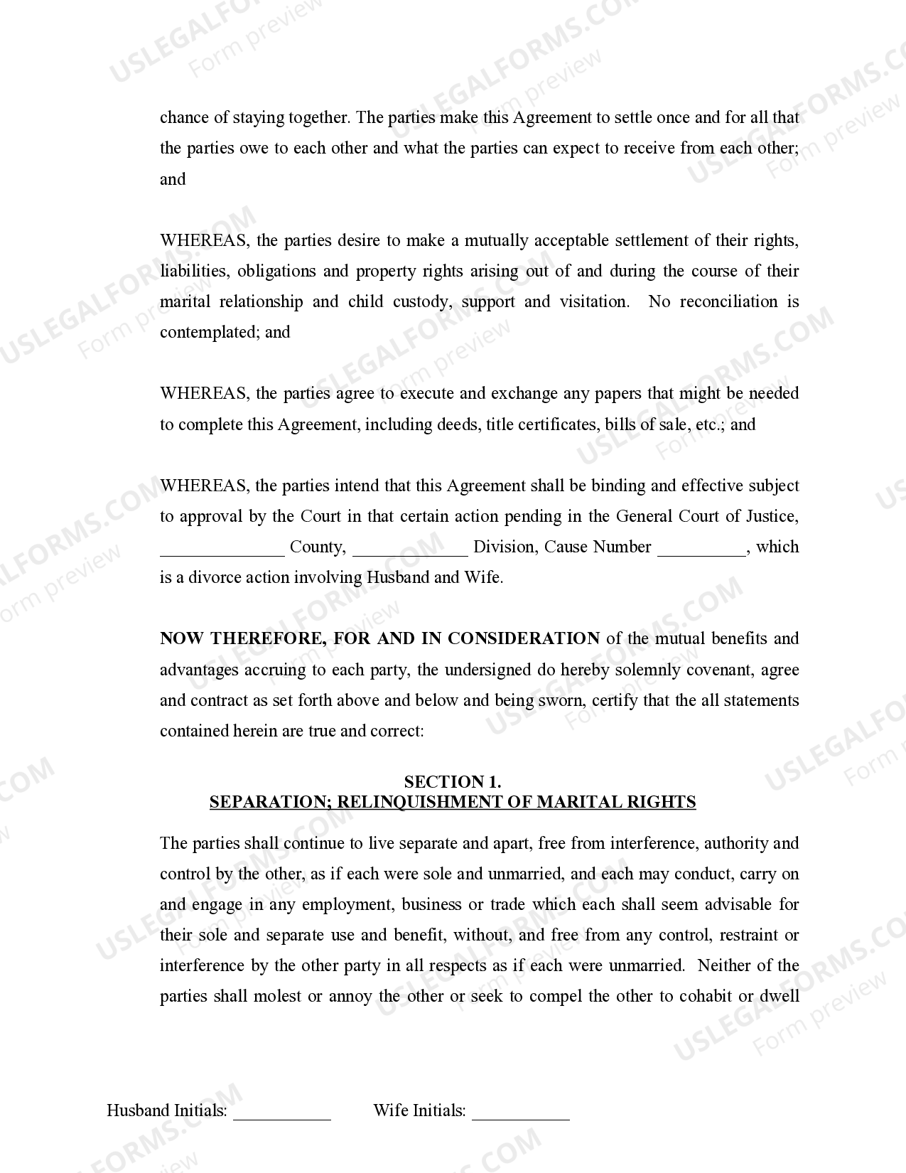 North Carolina Marital Domestic Separation and Property Settlement ...