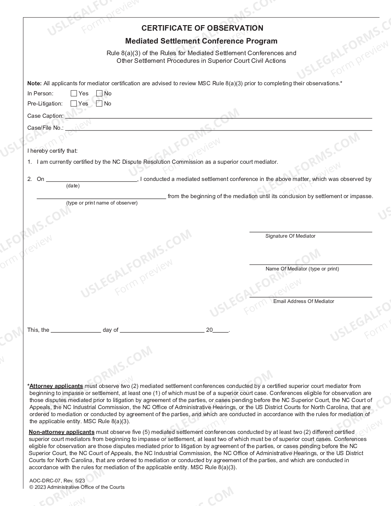 North Carolina Certificate of Observation - Mediated Settlement ...
