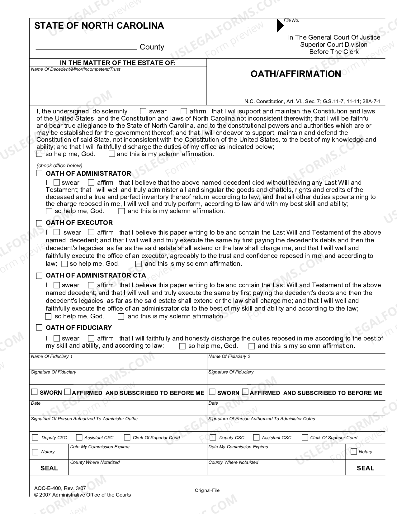 North Carolina Oath of Administrator, Administrator CTA, Executor ...