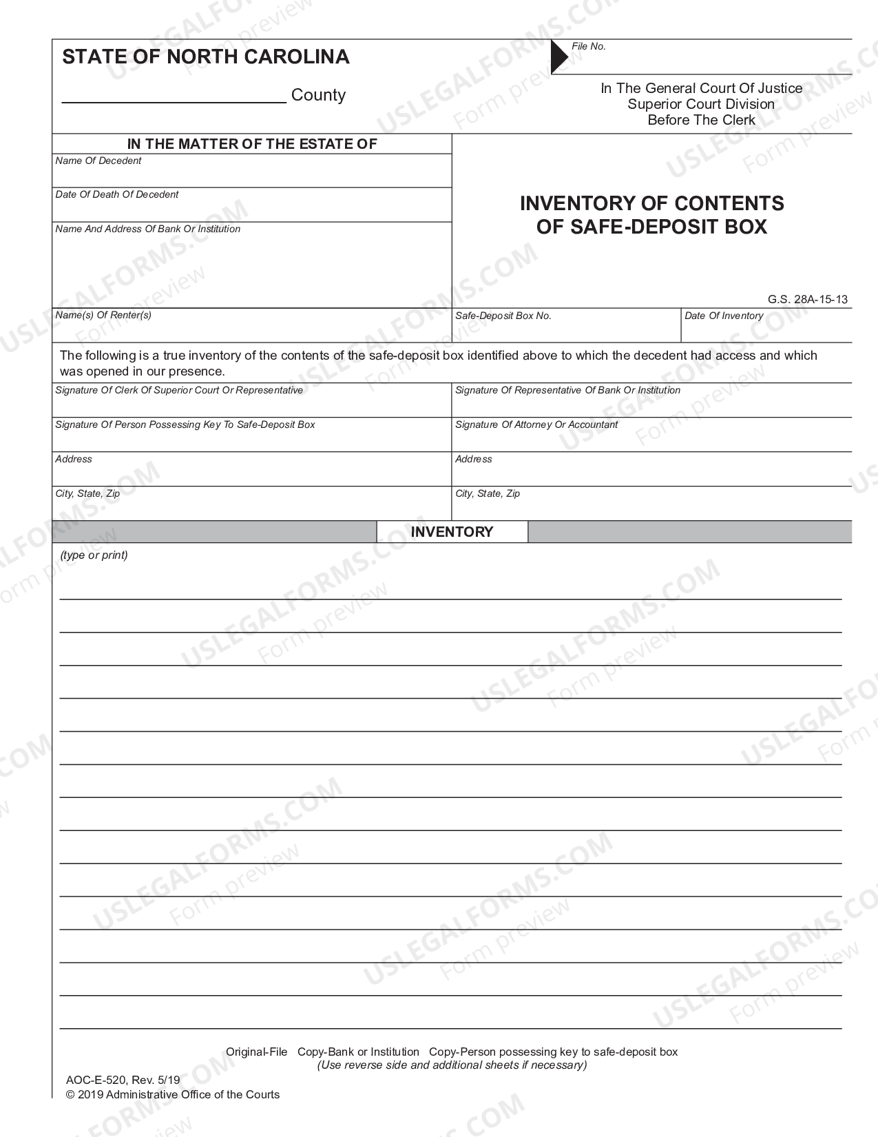 North Carolina Inventory of Contents of Lock Box | US Legal Forms
