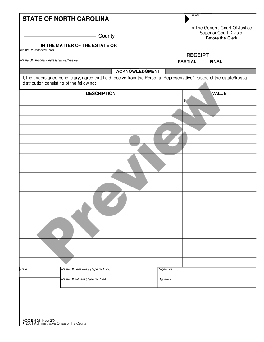 North Carolina Receipt Partial - Final - Aoc E 521 | US Legal Forms North Carolina Receipt Partial - Final - Aoc E 521 | US Legal Forms