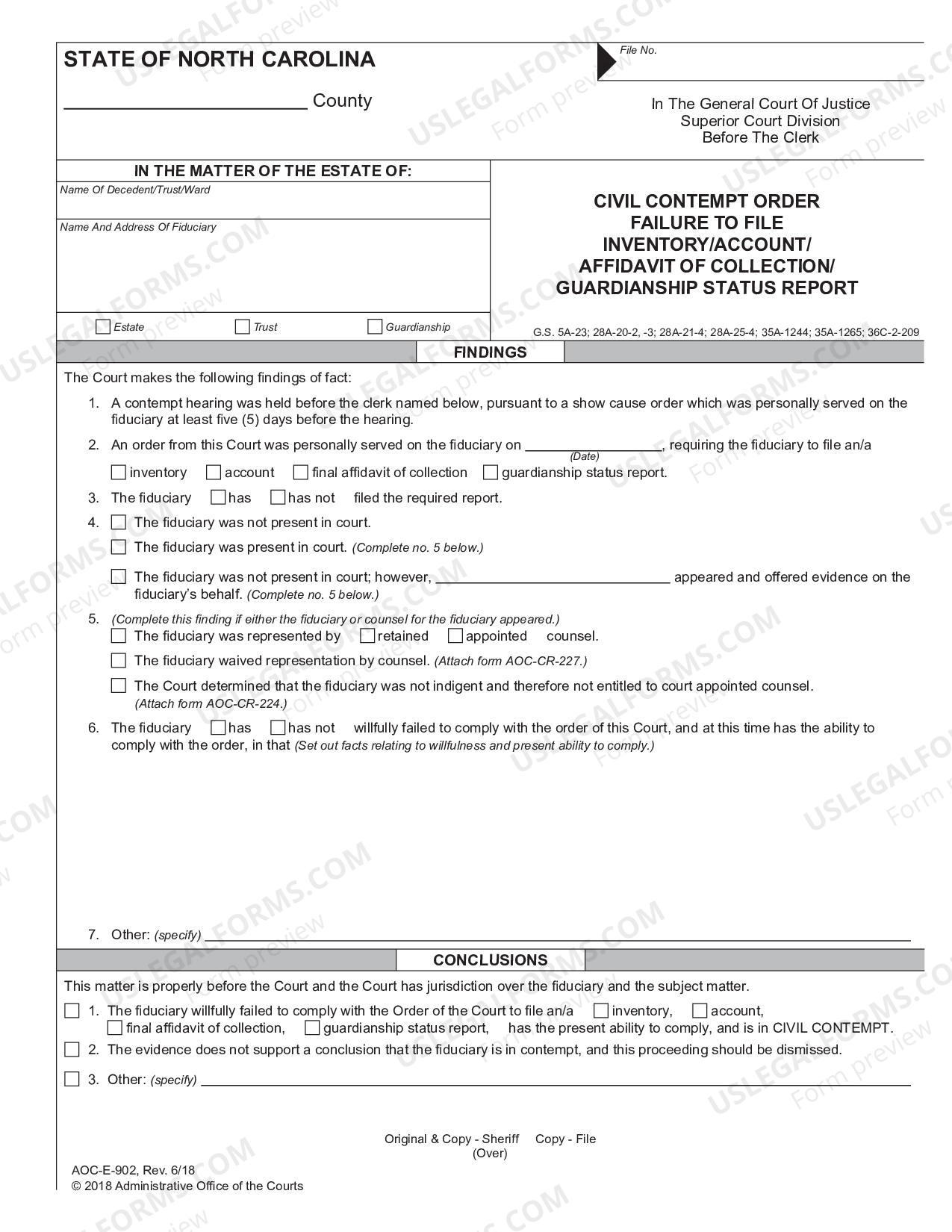 North Carolina Civil Contempt Order Failure to File Inventory - Account ...