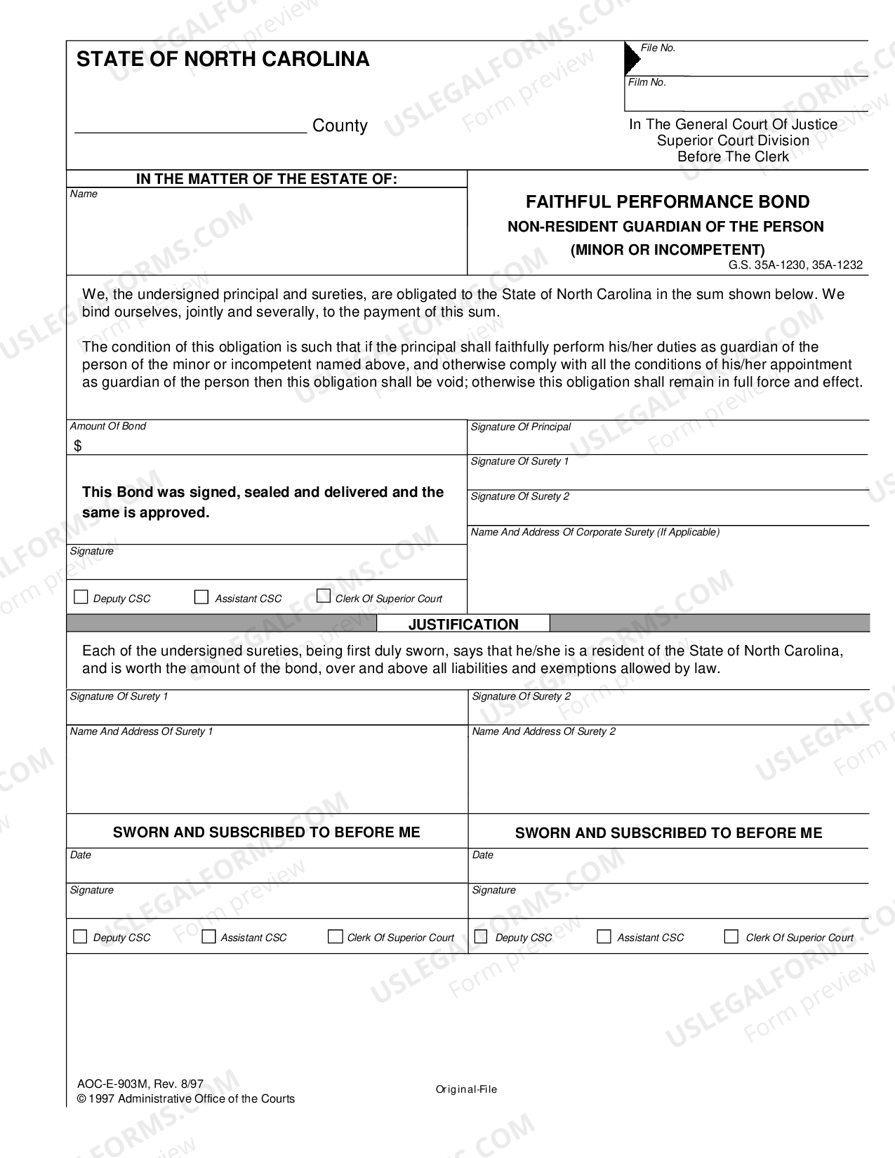 North Carolina Faithful Performance Bond Nonresident Guardian Of The ...