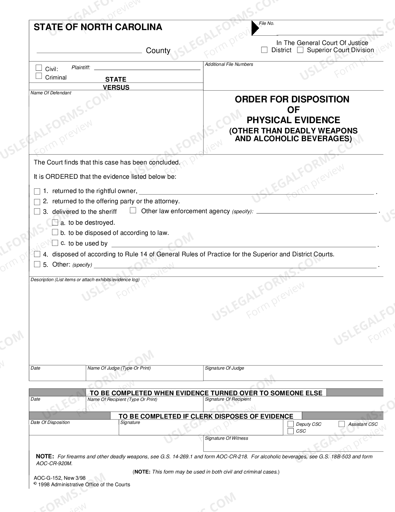 North Carolina Order for Disposition of Physical Evidence - Evidence ...
