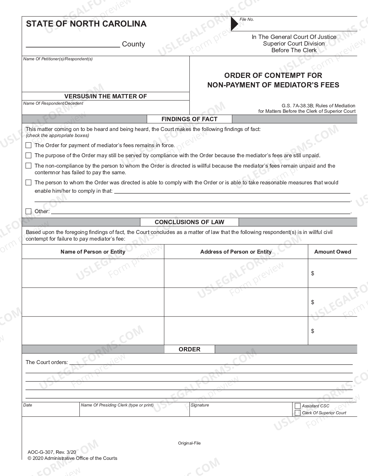 North Carolina Order of Contempt for NonPayment of Mediator's Fees | US ...