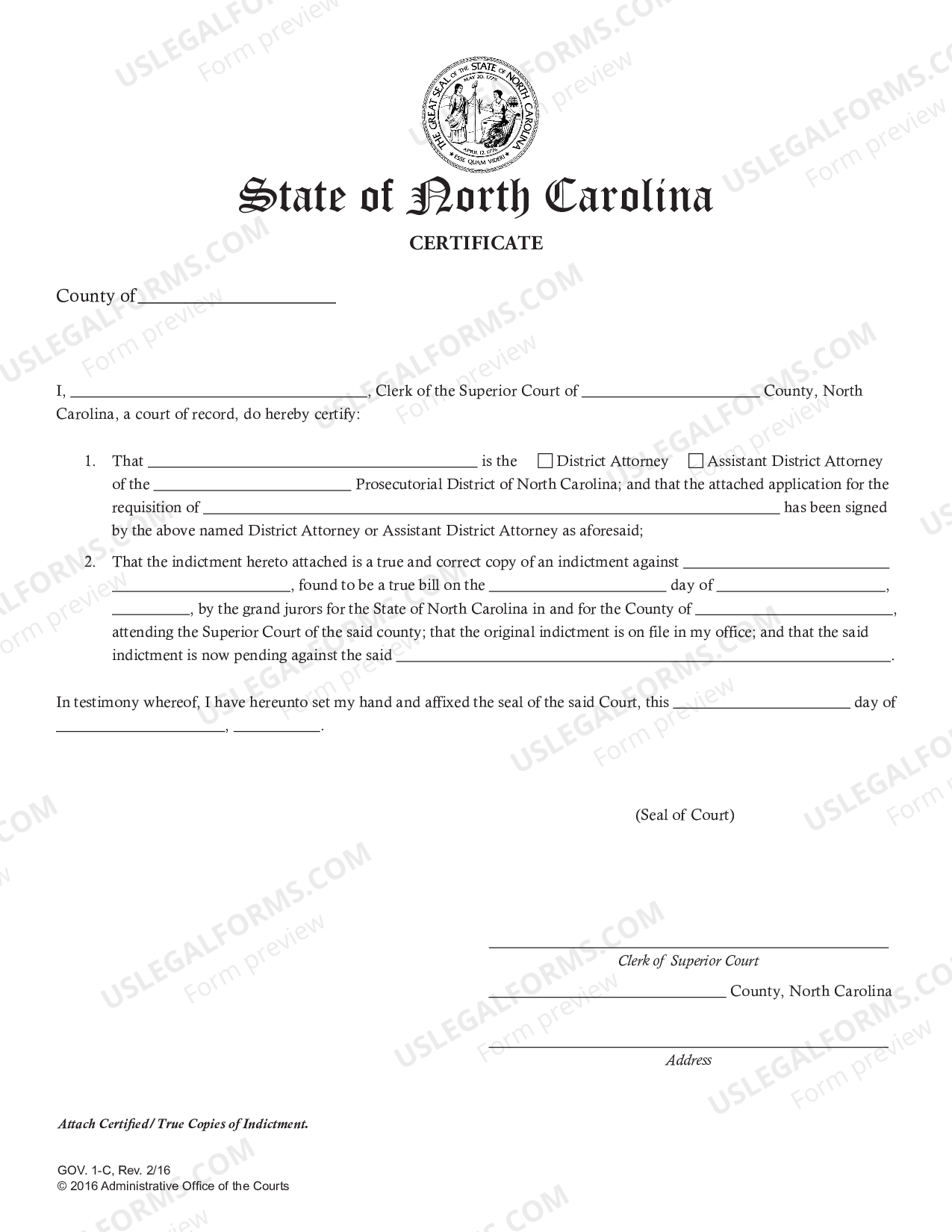 North Carolina Certificate Form 1-C - To be attached with indictment ...