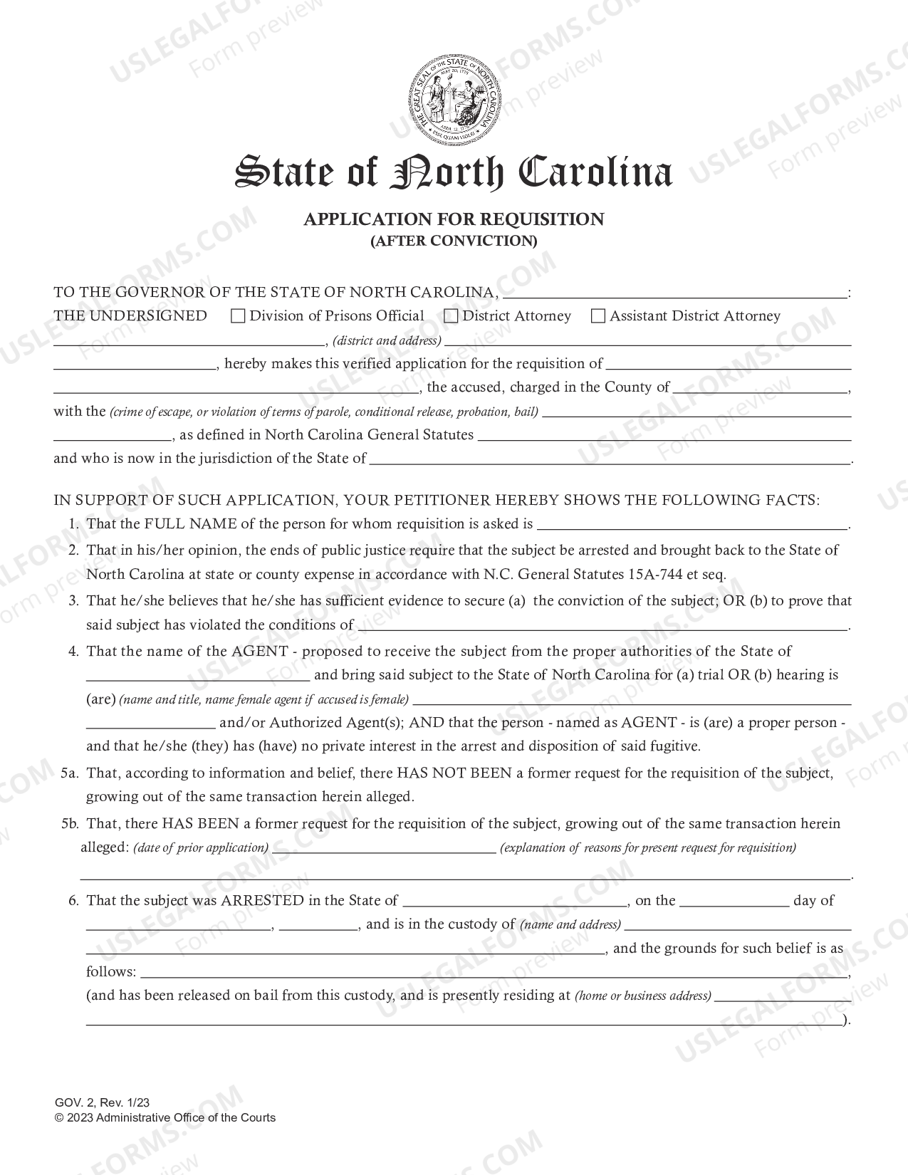 North Carolina Application for Requisition - After Conviction - Pages 1 ...