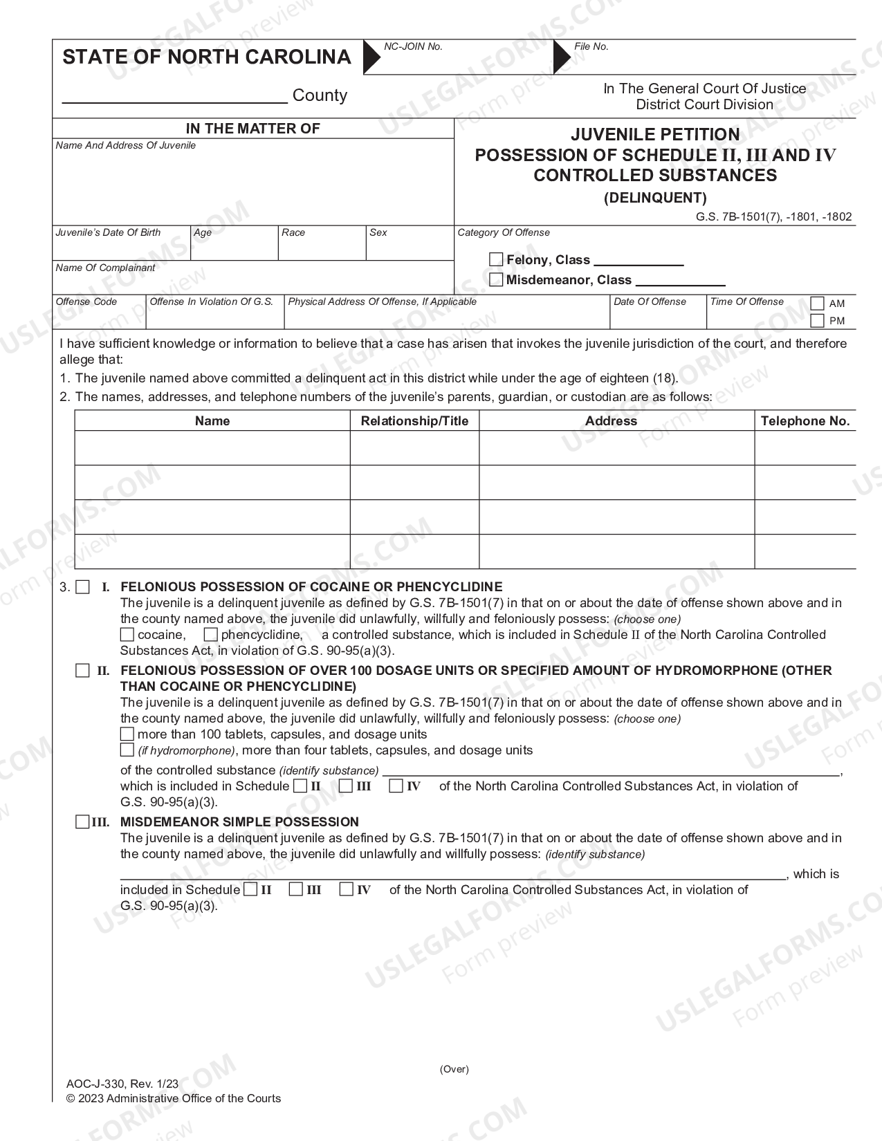 North Carolina Juvenile Petition Possession Of Schedule II III And IV north-carolina-juvenile-petition-possession-of-schedule-ii-iii-and-iv