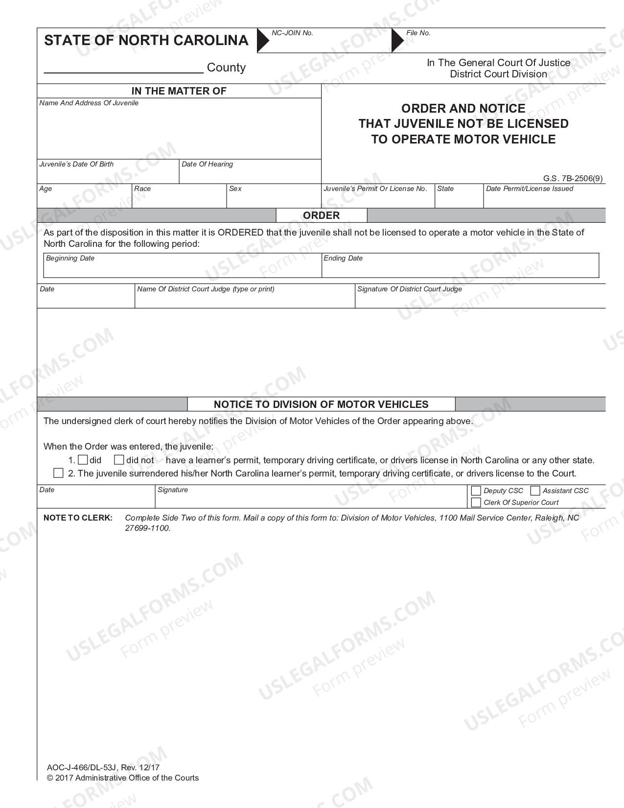 North Carolina Order and Notice that Juvenile Not Be Licensed to ...