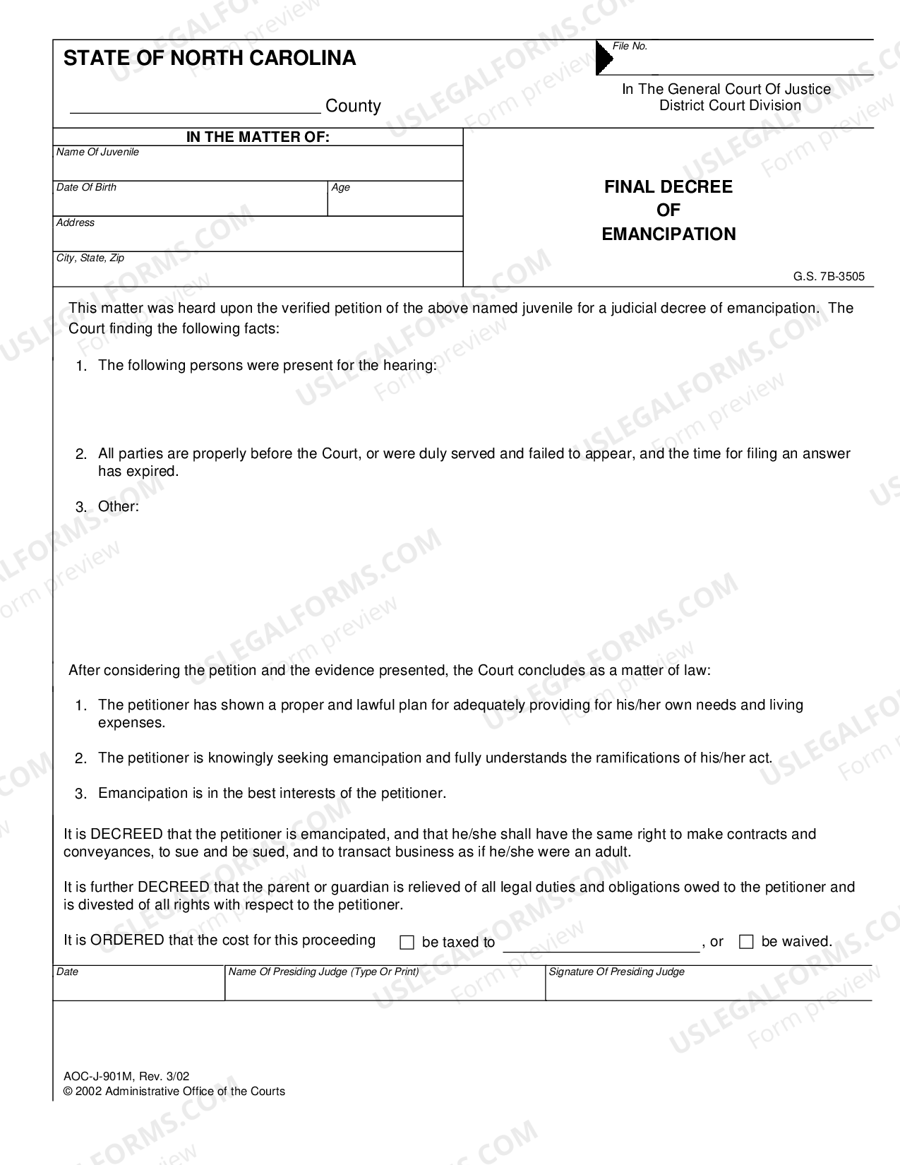 North Carolina Final Decree of Emancipation | US Legal Forms