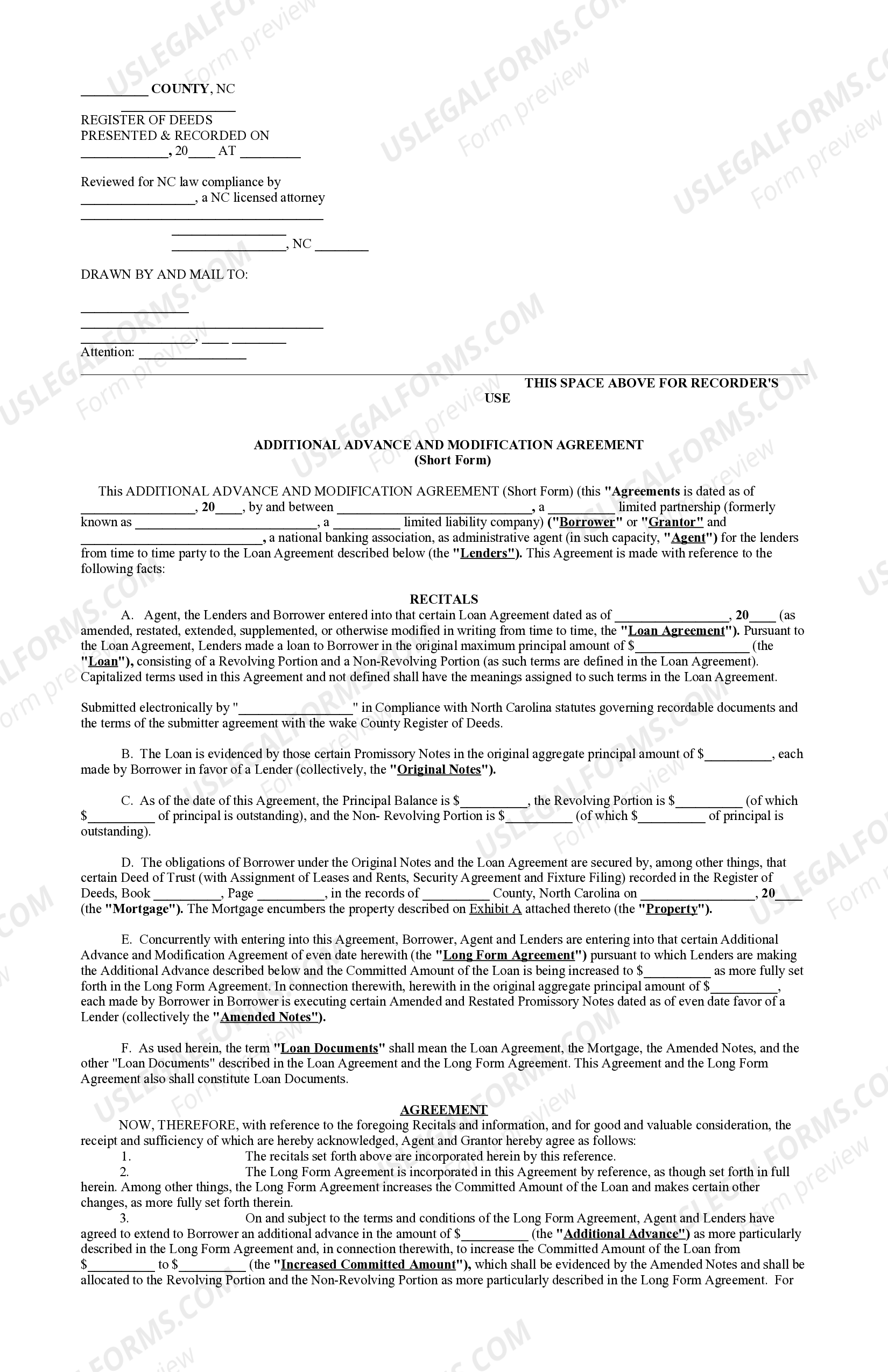 North Carolina Additional Advance and Modification Agreement | US Legal ...