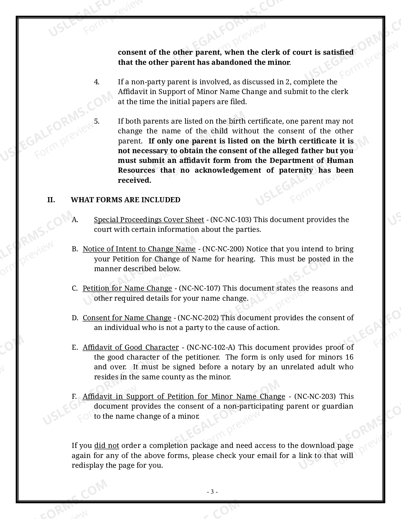 North Carolina Name Change Instructions and Forms Package for a Minor ...