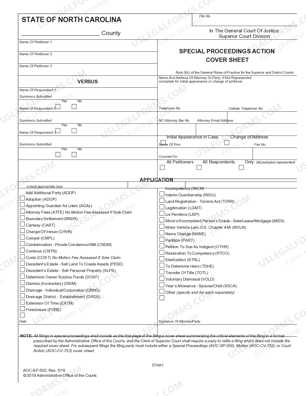 North Carolina Special Proceedings Civil Coversheet for Adult, Minor ...