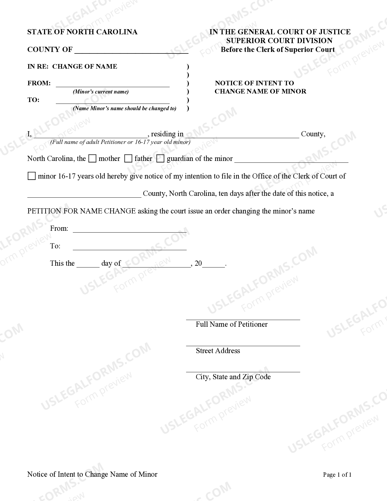 North Carolina Notice of Intent to change name for Minor | US Legal Forms