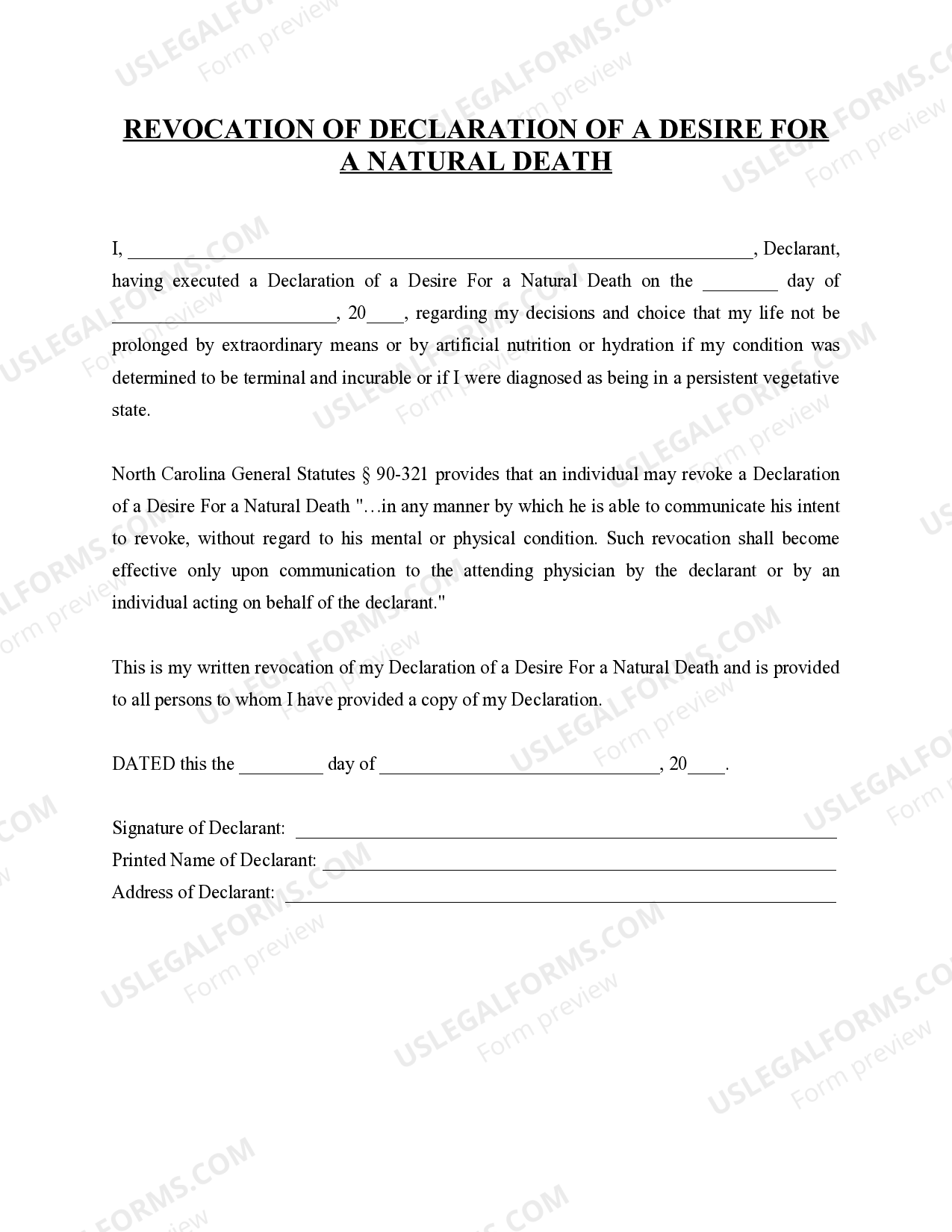 North Carolina Revocation of Statutory Equivalent of Living Will or ...