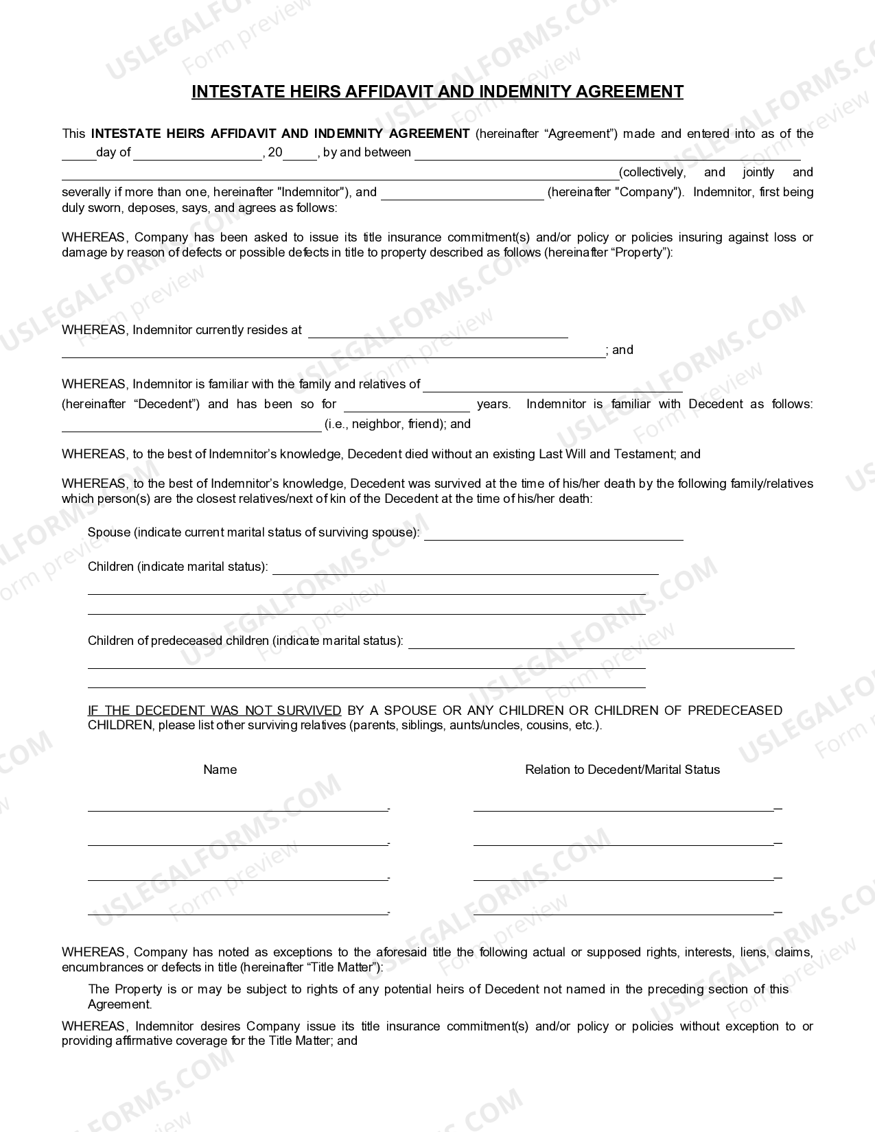 North Carolina Intestate Heirs Affidavit and Indemnity Agreement - Nc ...