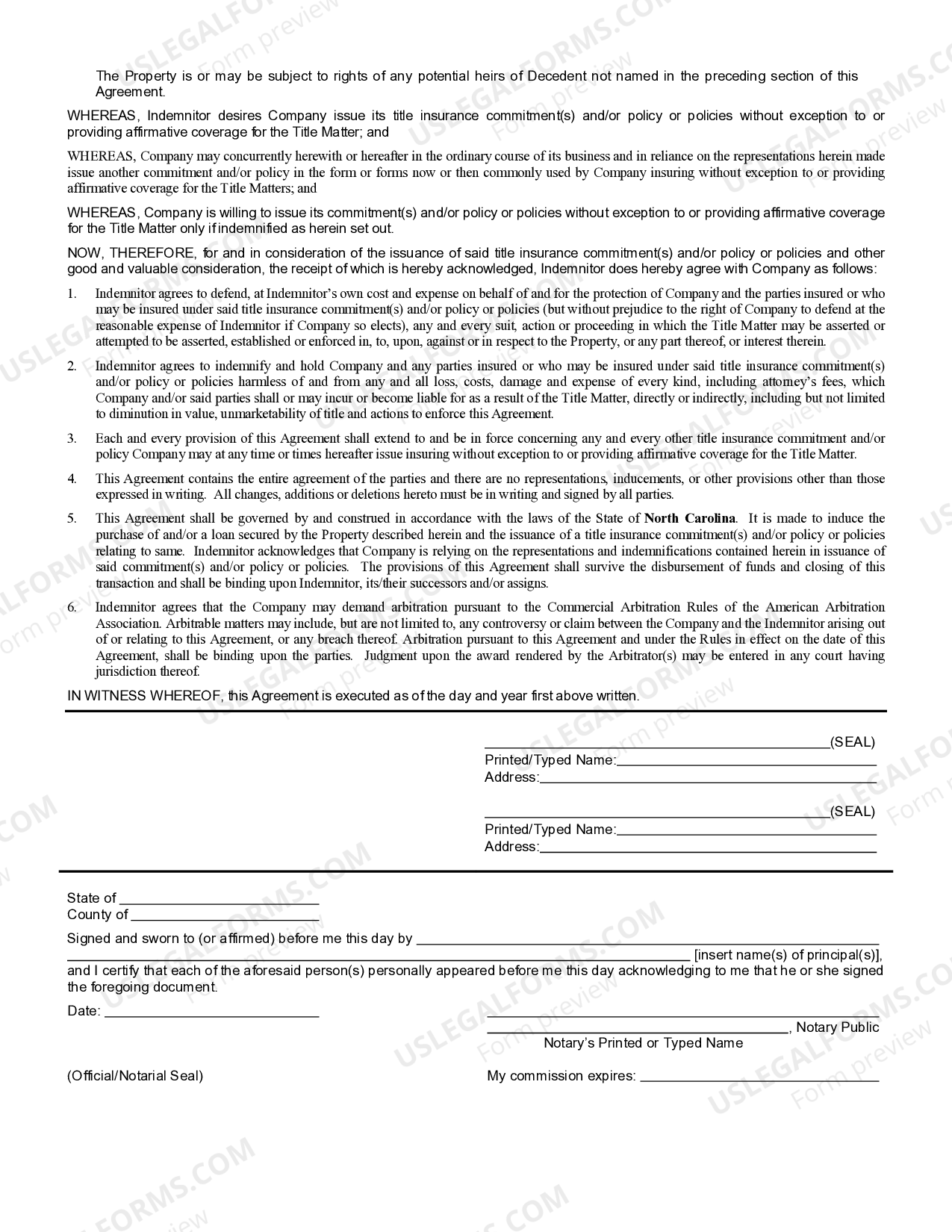 North Carolina Intestate Heirs Affidavit and Indemnity Agreement | US ...