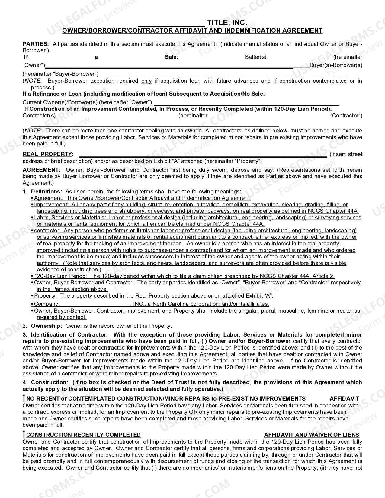 North Carolina Owner/Borrower/Contractor Affidavit and Indemnification Agreement | US Legal Forms