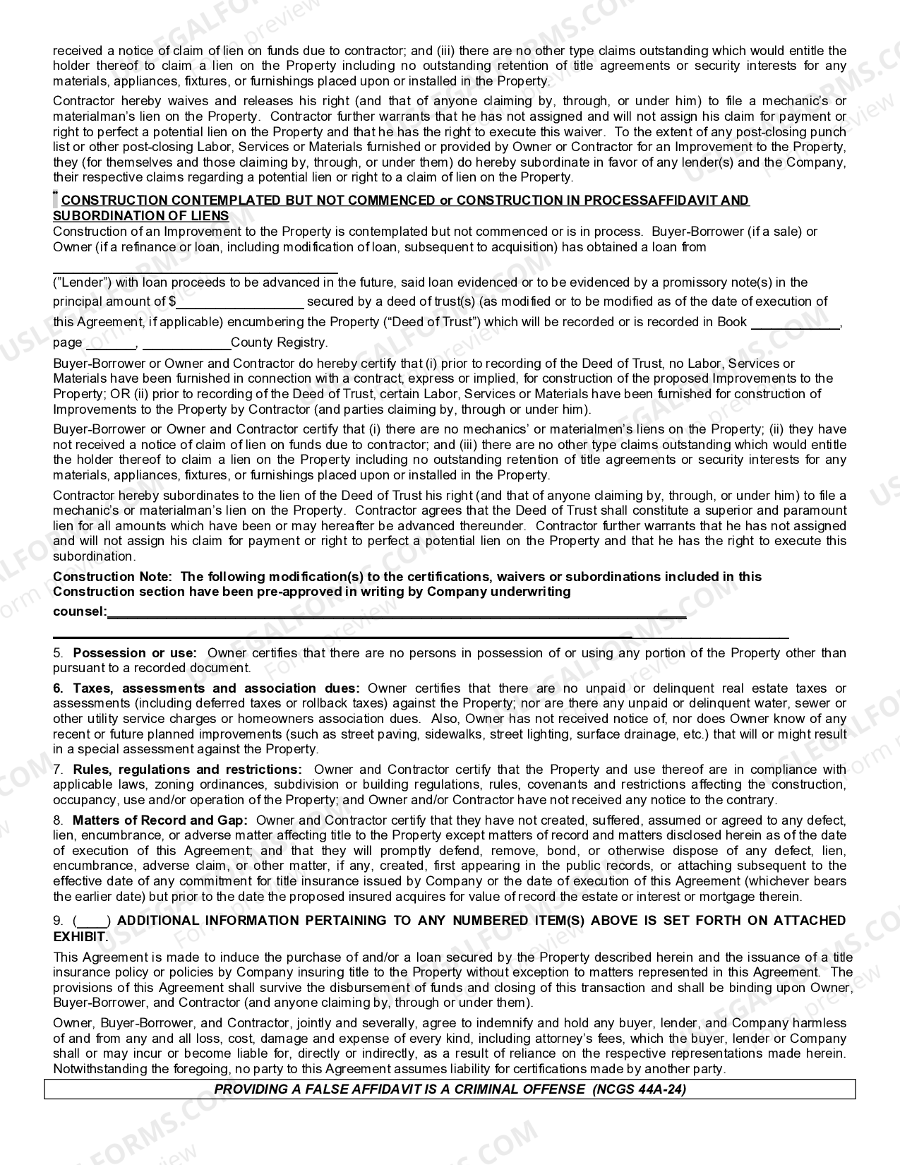 North Carolina Owner/Borrower/Contractor Affidavit and Indemnification Agreement | US Legal Forms