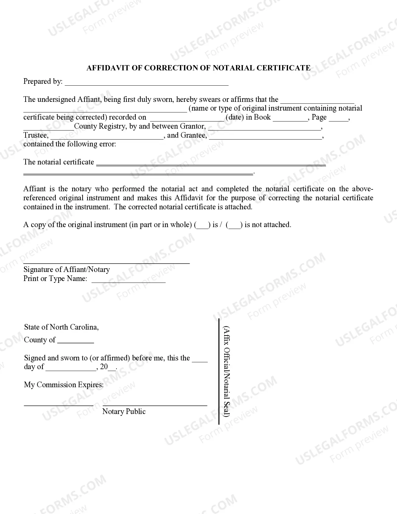 North Carolina Affidavit Of Correction Of Notarial Certificate