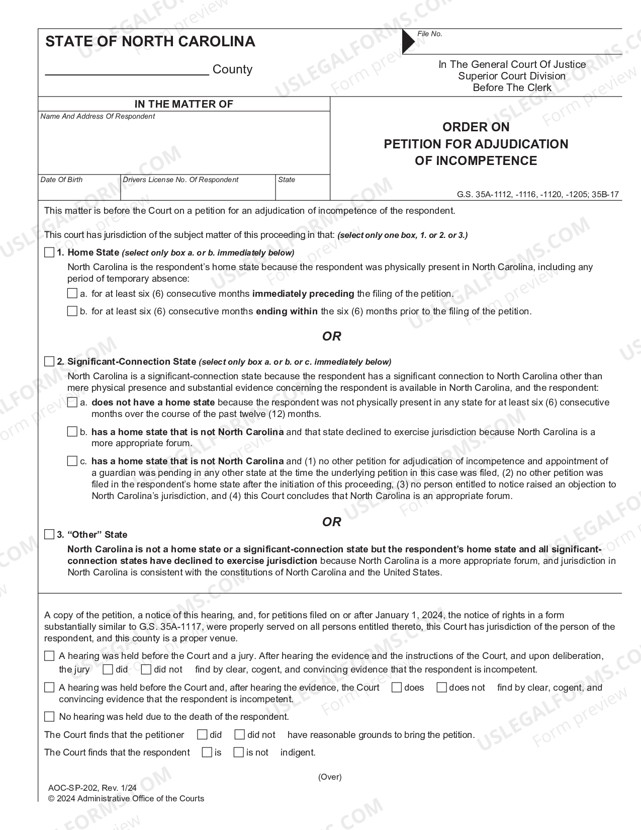 North Carolina Order on Petition for Adjudication of Incompetence ...