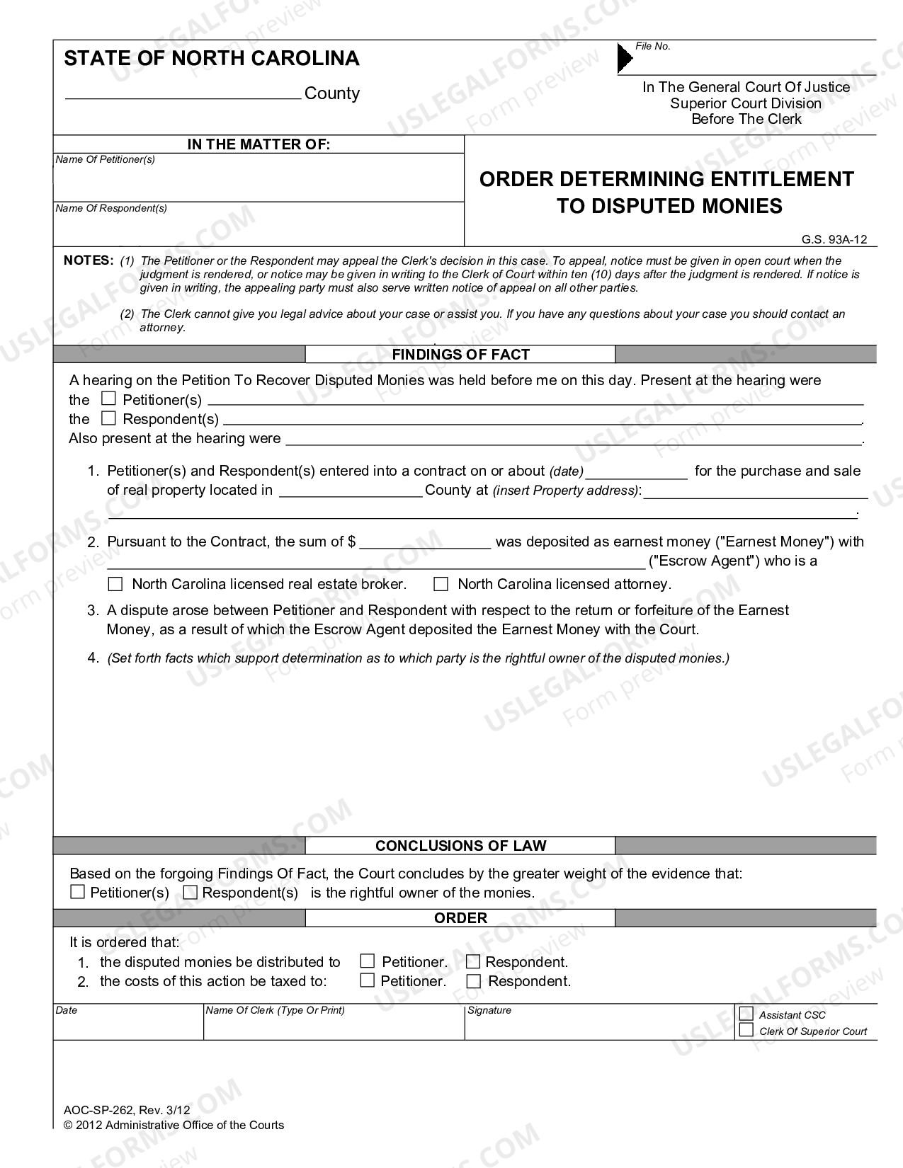 North Carolina Order Determining Entitlement to Disputed Funds | US ...