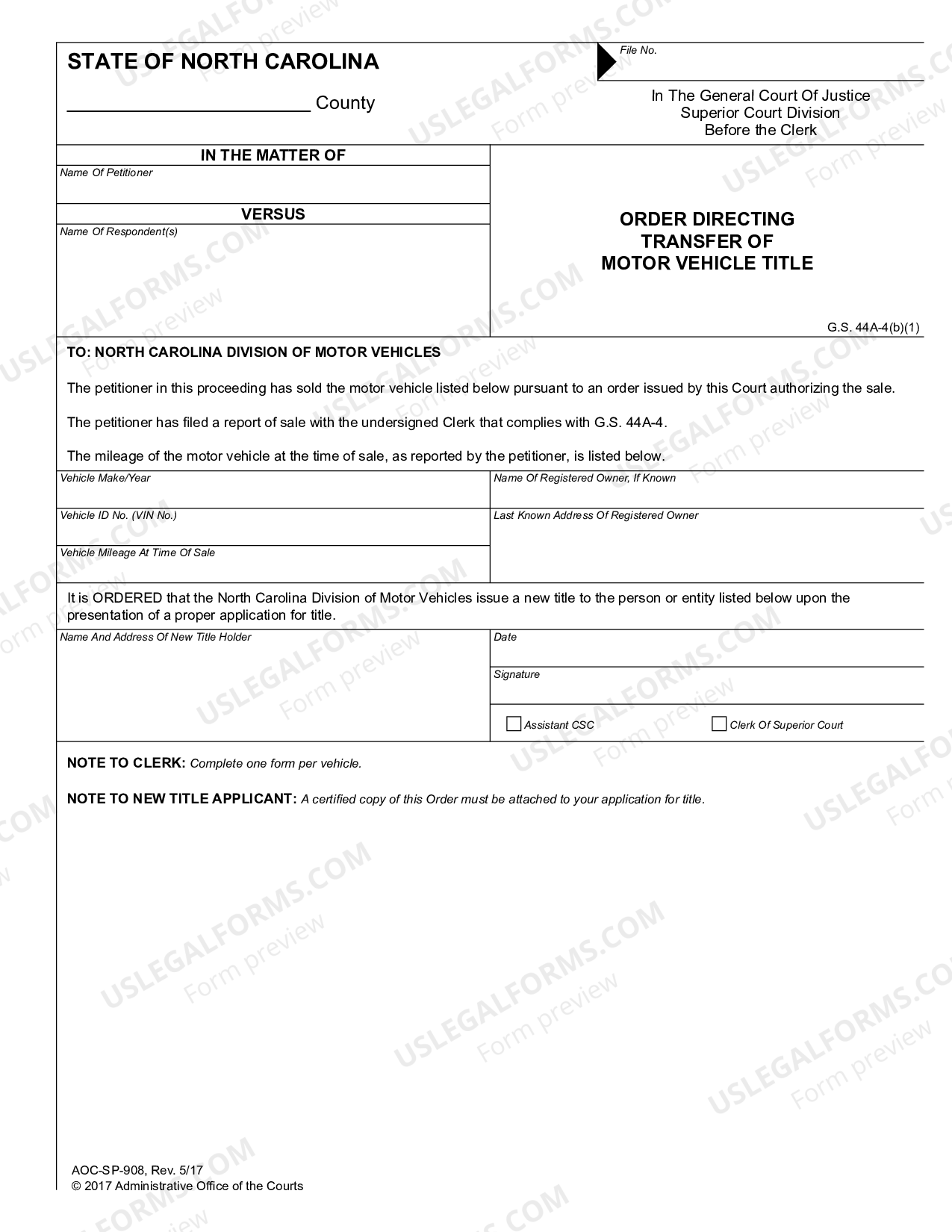 North Carolina Order Directing Transfer of Motor Vehicle Title - Nc ...